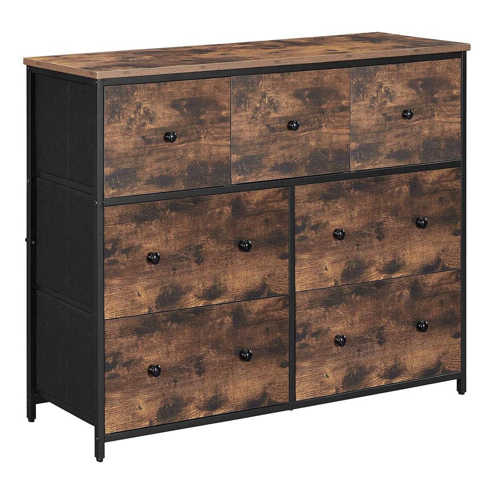 Benjara Rustic Brown and Black 7-Drawer Engineered Wood and Metal ...