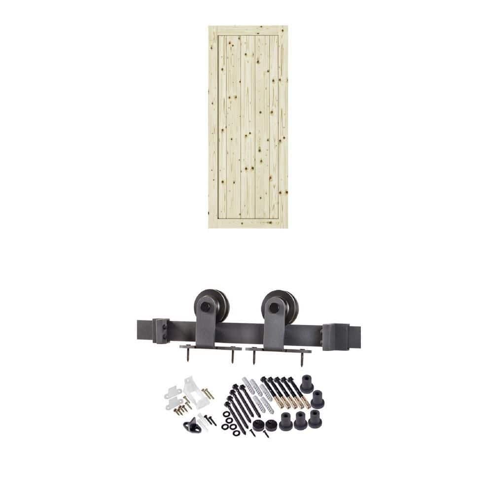 26 in. x 84 in. Knotty Pine Barn Door Slab and 78.75 in. Black Steel ...