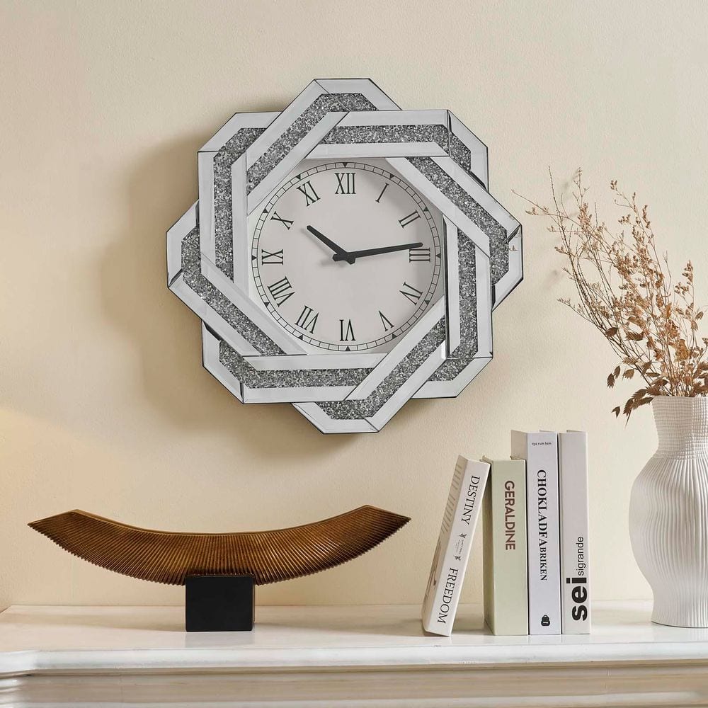SereneVita Silver Mirrored Wall Clock with Roman Numerals Crushed ...