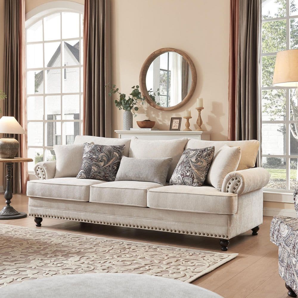 Morden Fort 87.5 in. Chesterfield Couch Rolled Arm Chenille Beige Rectangle Sofa for Living Room ...