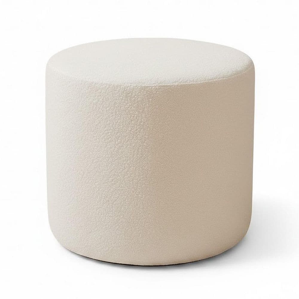 Grey Boucle Upholstered Round Ottoman Pouf, Plush Foam Seating Footrest ...