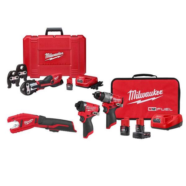 Milwaukee M12 12-Volt Lithium-Ion Force Logic Cordless Press Tool Kit with M12 FUEL Combo Kit ...