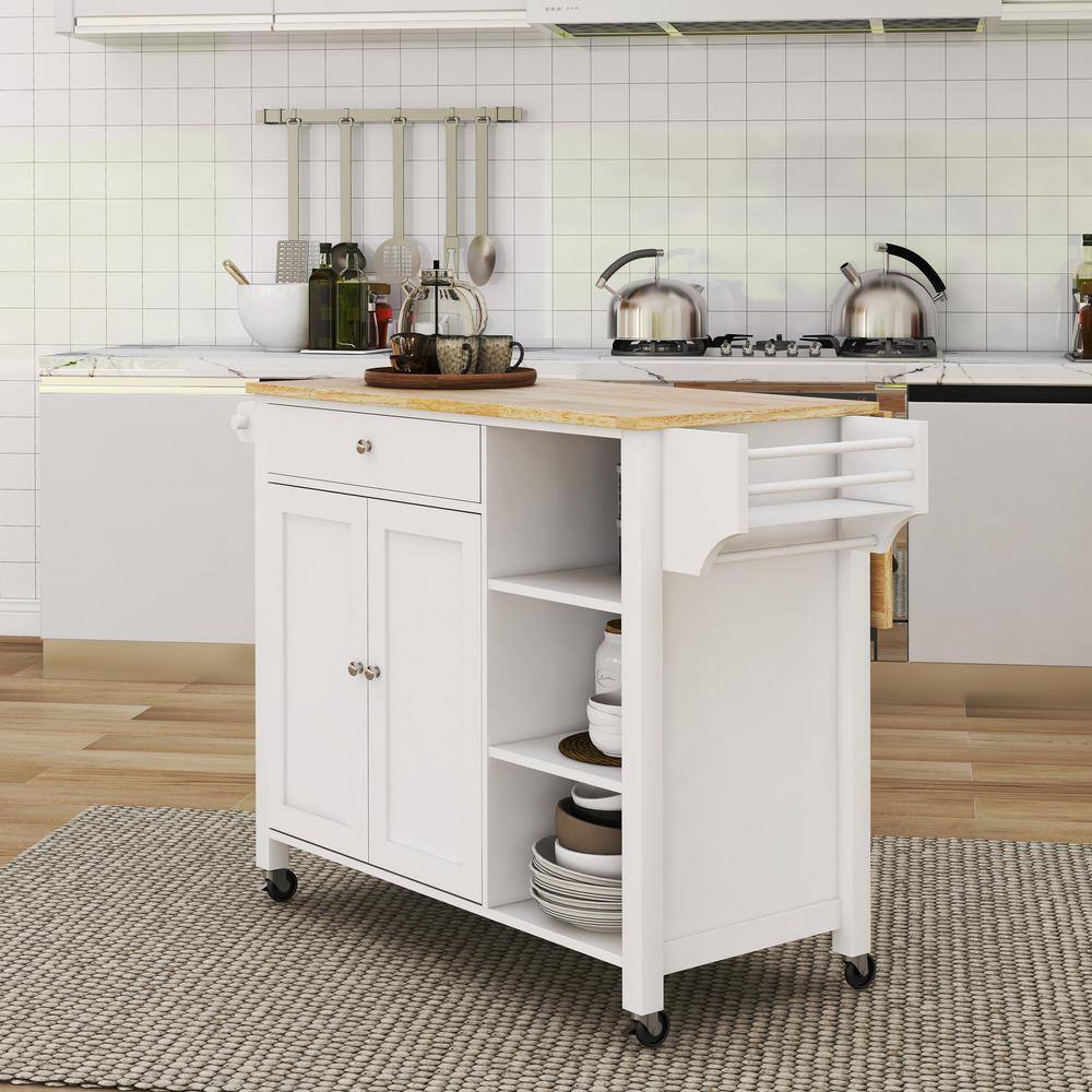 MDF Kitchen Cart with 2=Doors Cabinet, 2-Open Shelves, Spice Rack, Drop ...