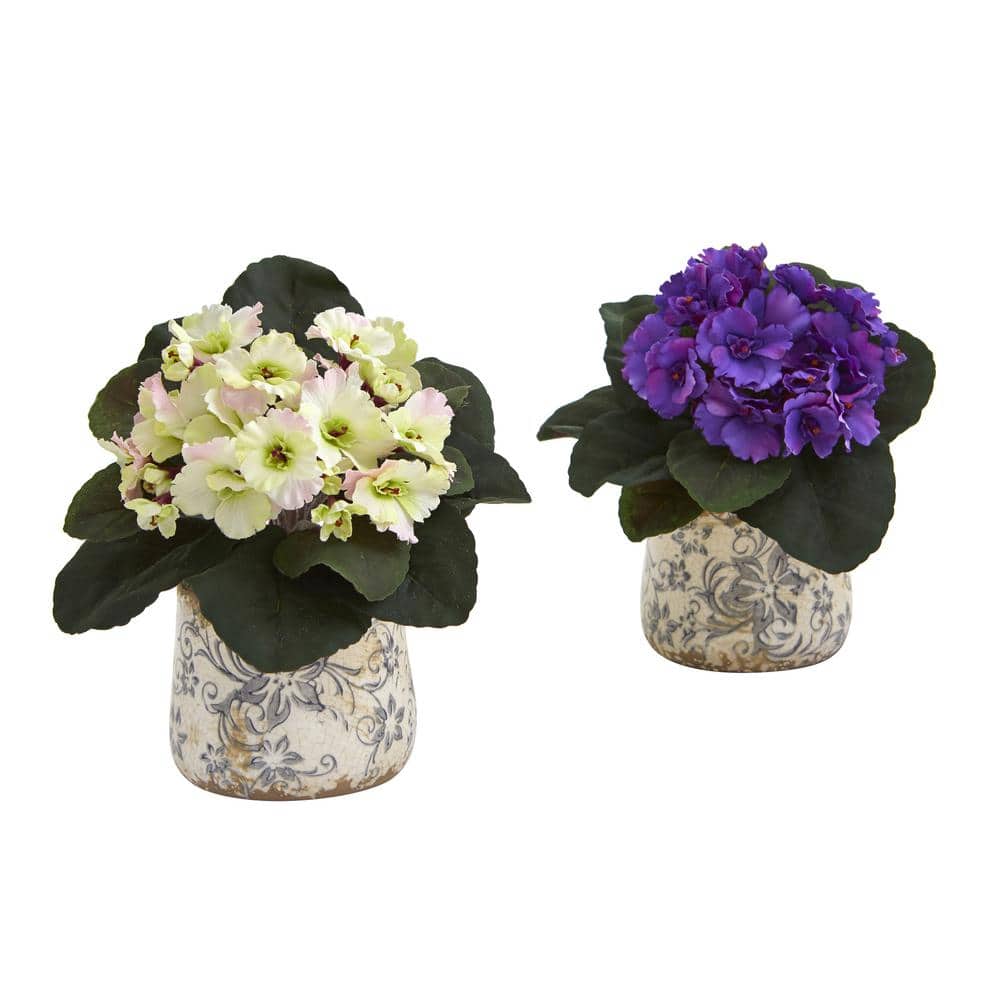 Nearly Natural 8 in. Cream and Purple Artificial African Violet Plant ...