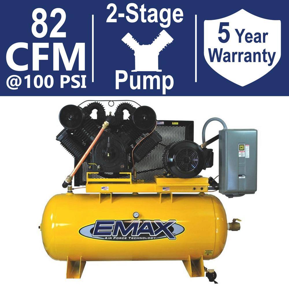 EMAX Industrial E450 Series 120 Gal. 175 psi 25 HP 96 CFM 3-Phase 230V 2-Stage Stationary ...