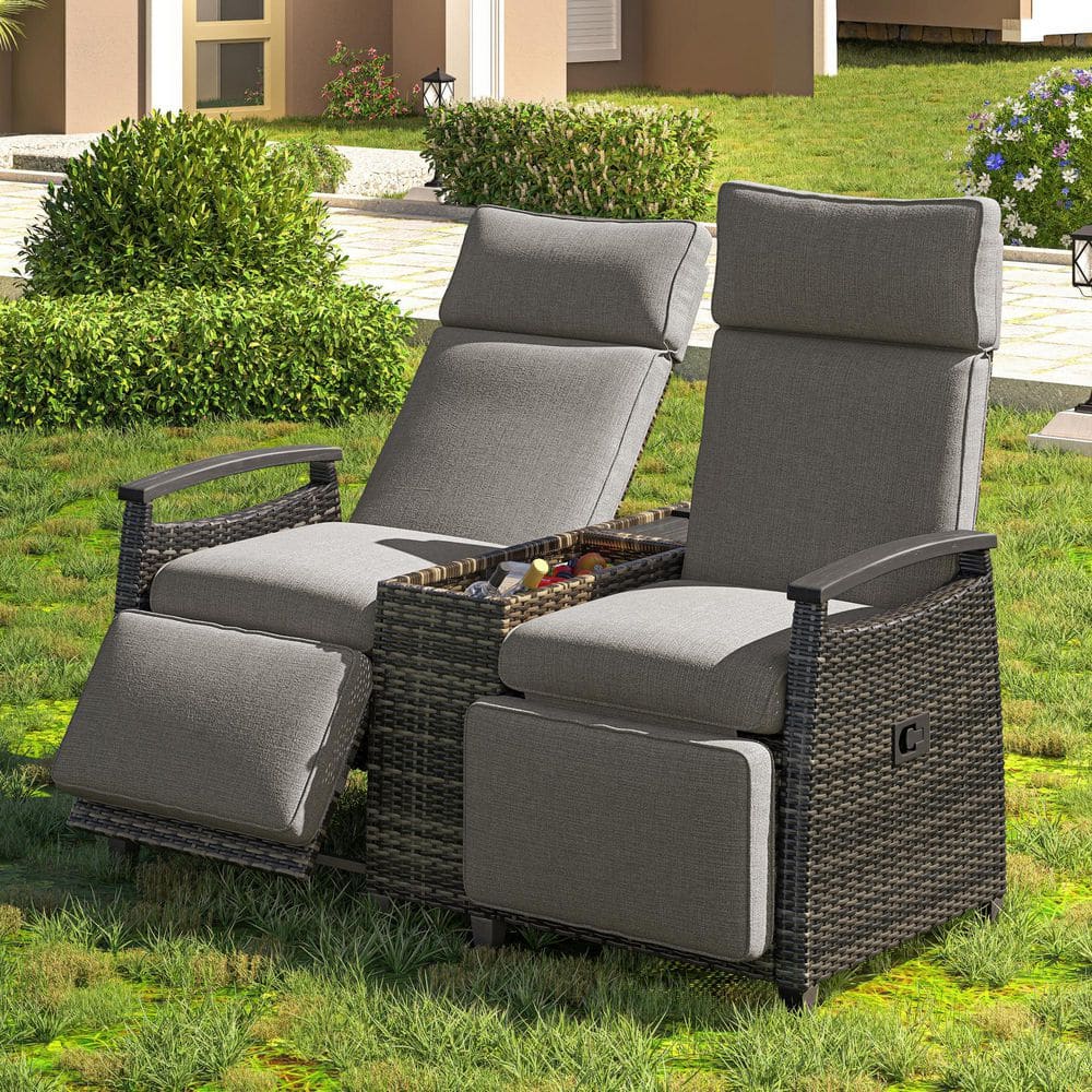 Wicker Outdoor Recliner Loveseat Chair with Adjustable Backrest and ...