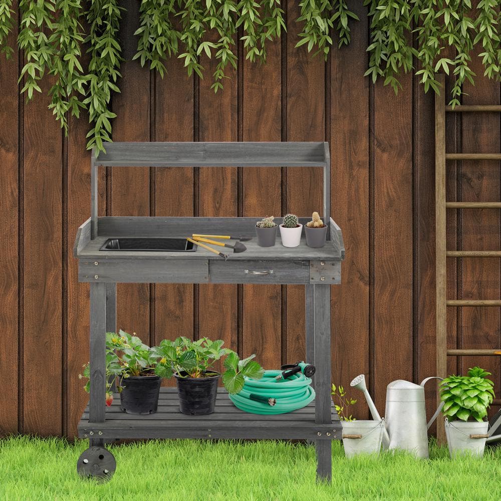 Runesay 36.25 in. W x 46.75 in. H Gray Potting Bench Work Table with 2 ...