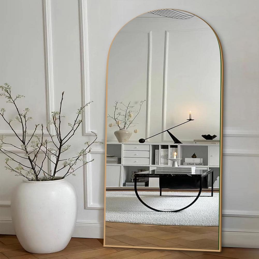 Sxiawe 28 in. W x 71 in. H Classic Arched Wood Full Length Mirror Gold ...
