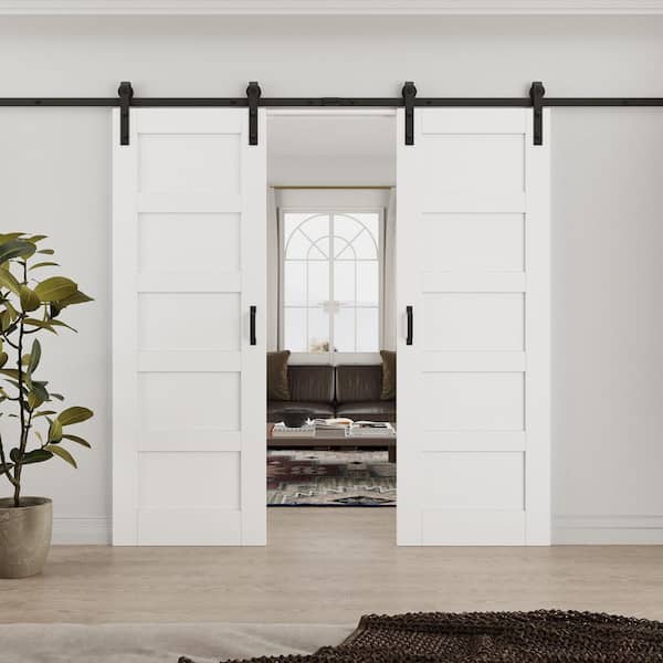 ARK DESIGN 64 in. x 80 in. Waterproof 5 Panel White MDF Sliding No ...