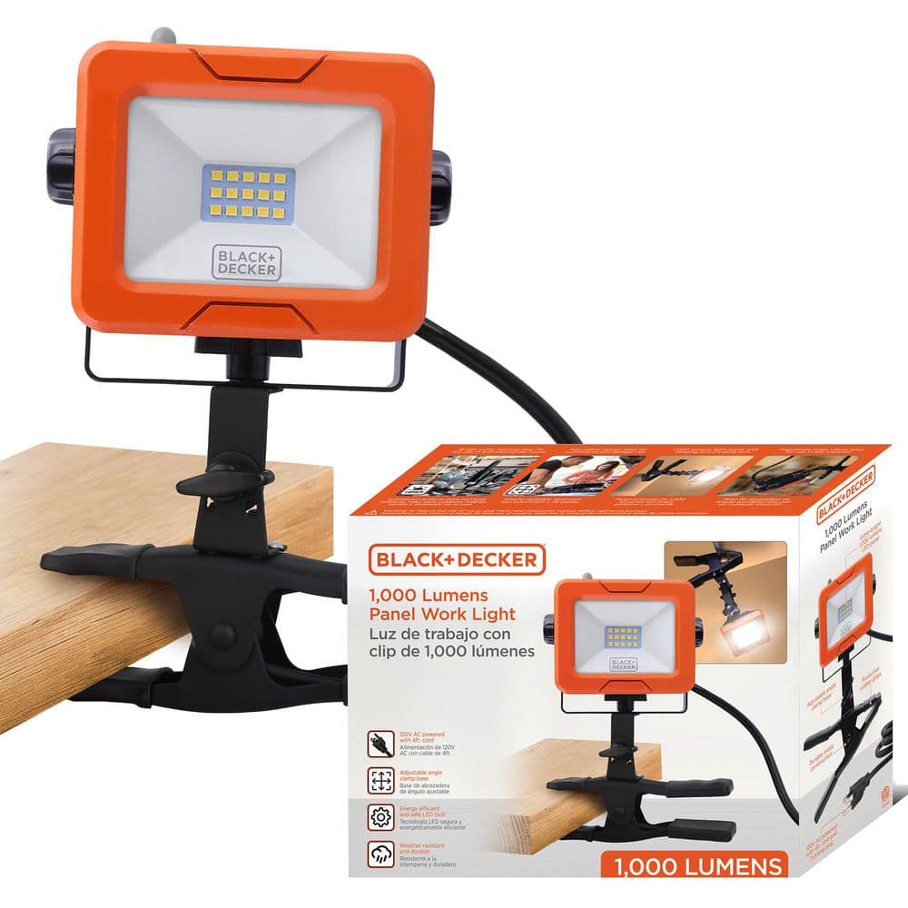 BLACK+DECKER 1,000 Lumens AC Plug-in LED Panel Work Light with Clamp Base BCL2-1010-ORG - The ...