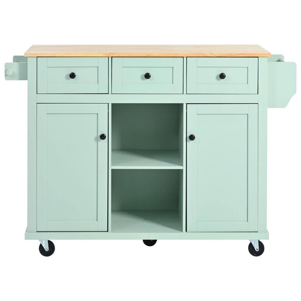 Xzkai Mint Green Wood 53 in. Kitchen Island with 5-Wheels and 3-Drawers ...