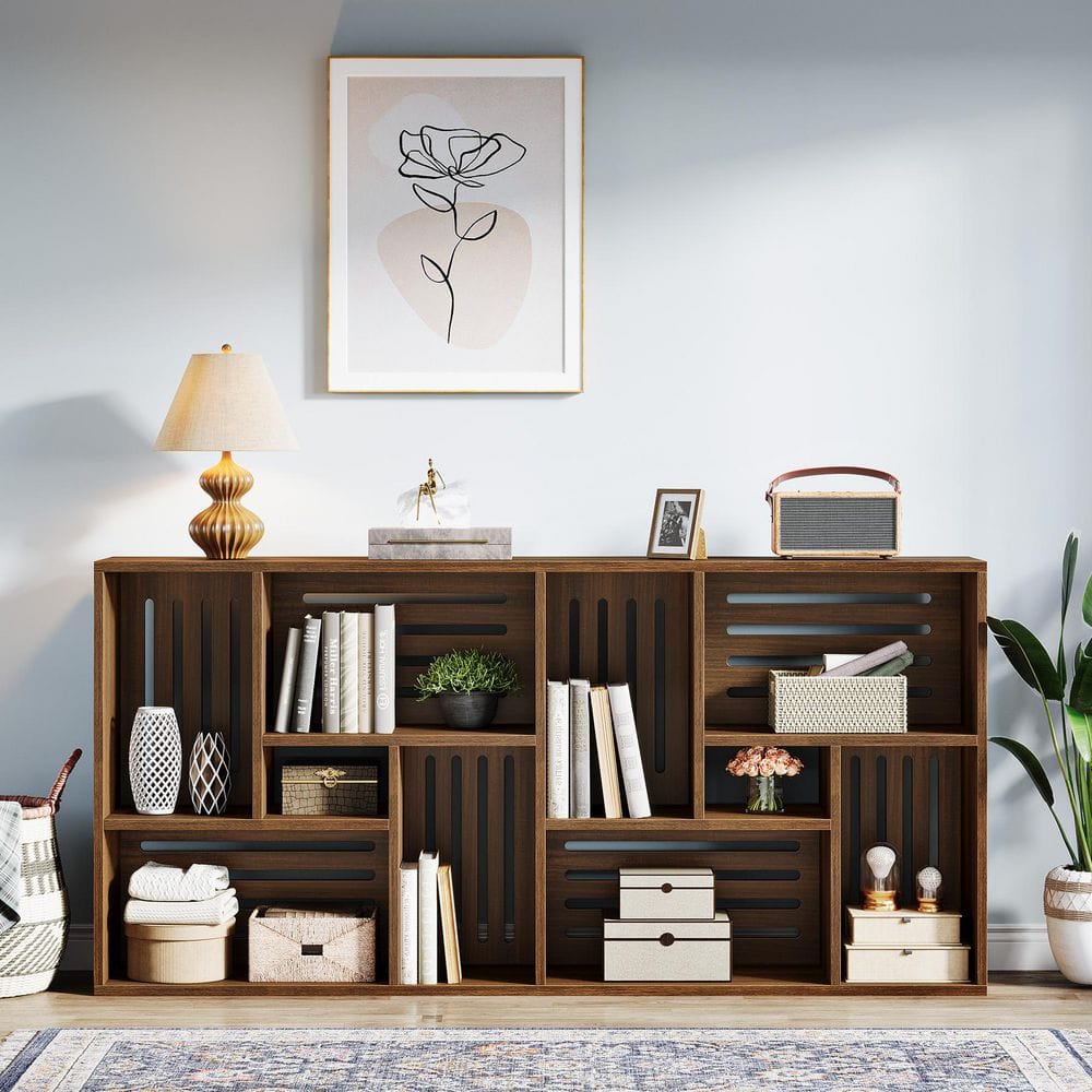 BYBLIGHT Eulas 71 in. Tall Cherry MDF Standars Bookcase with Multiple Tier Storage Shelves BB ...