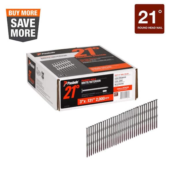 Paslode 3 in. x 0.131-Gauge 21-Degree Brite Smooth Shank Plastic Collated Framing Nails (2000 ...
