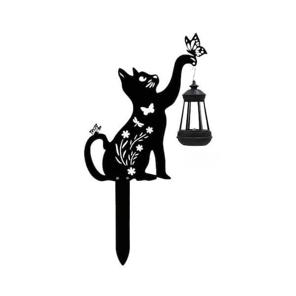 13 in. x 24 in. Black Metal Solar Lights Cat Christmas Garden Stake ...