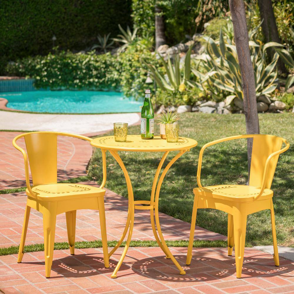 Noble House Lourdes Matte Yellow 3-Piece Metal Outdoor Bistro Set-13227 ...