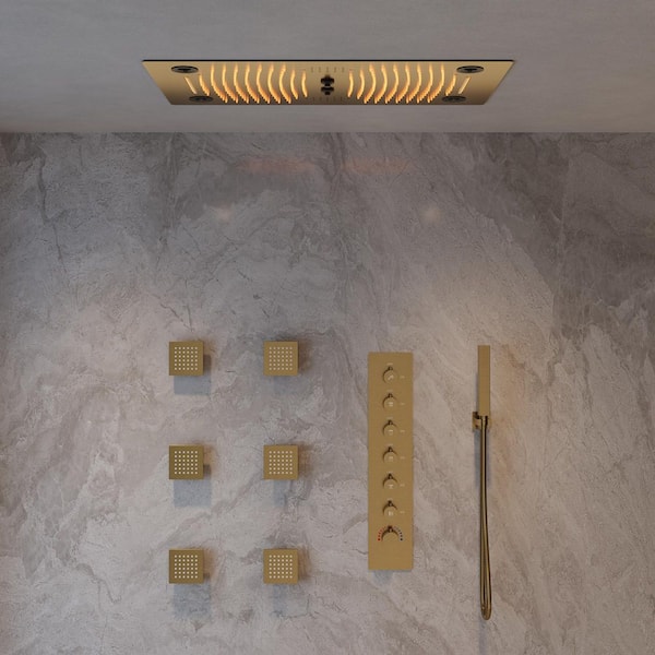 GRANDJOY 28 in. Rectangle Aurora Shower System 6-Spray Dual Ceiling Mount Fixed and Handheld ...