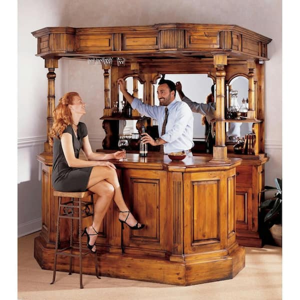 Design Toscano Tewkesbury Inn 91 in. Pine Wood Backless Mahogany Pub AF35056 The Home Depot