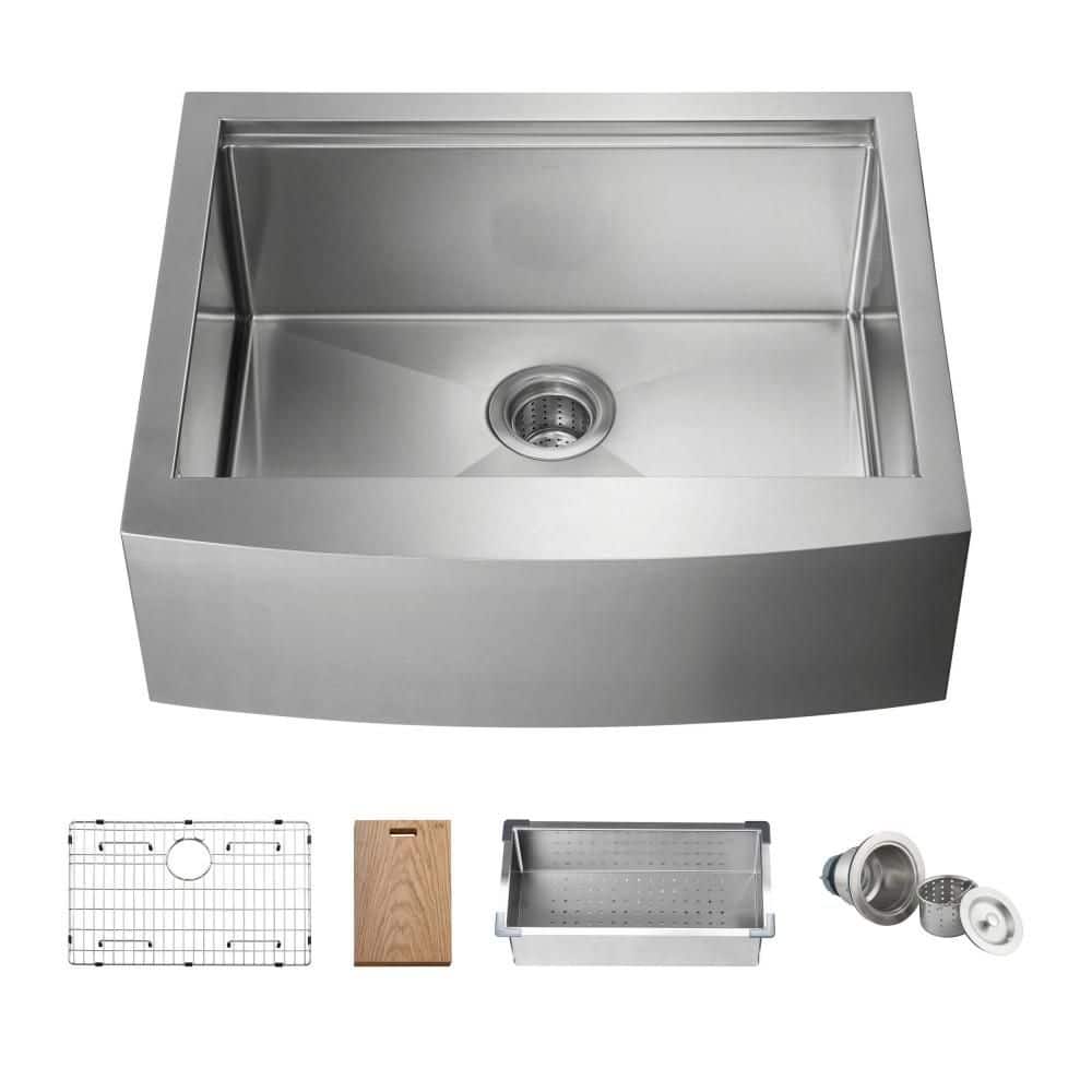 KIBI 27 in. Farmhouse/ Apron-Front Single Bowl 16-Gauge Satin Stainless ...