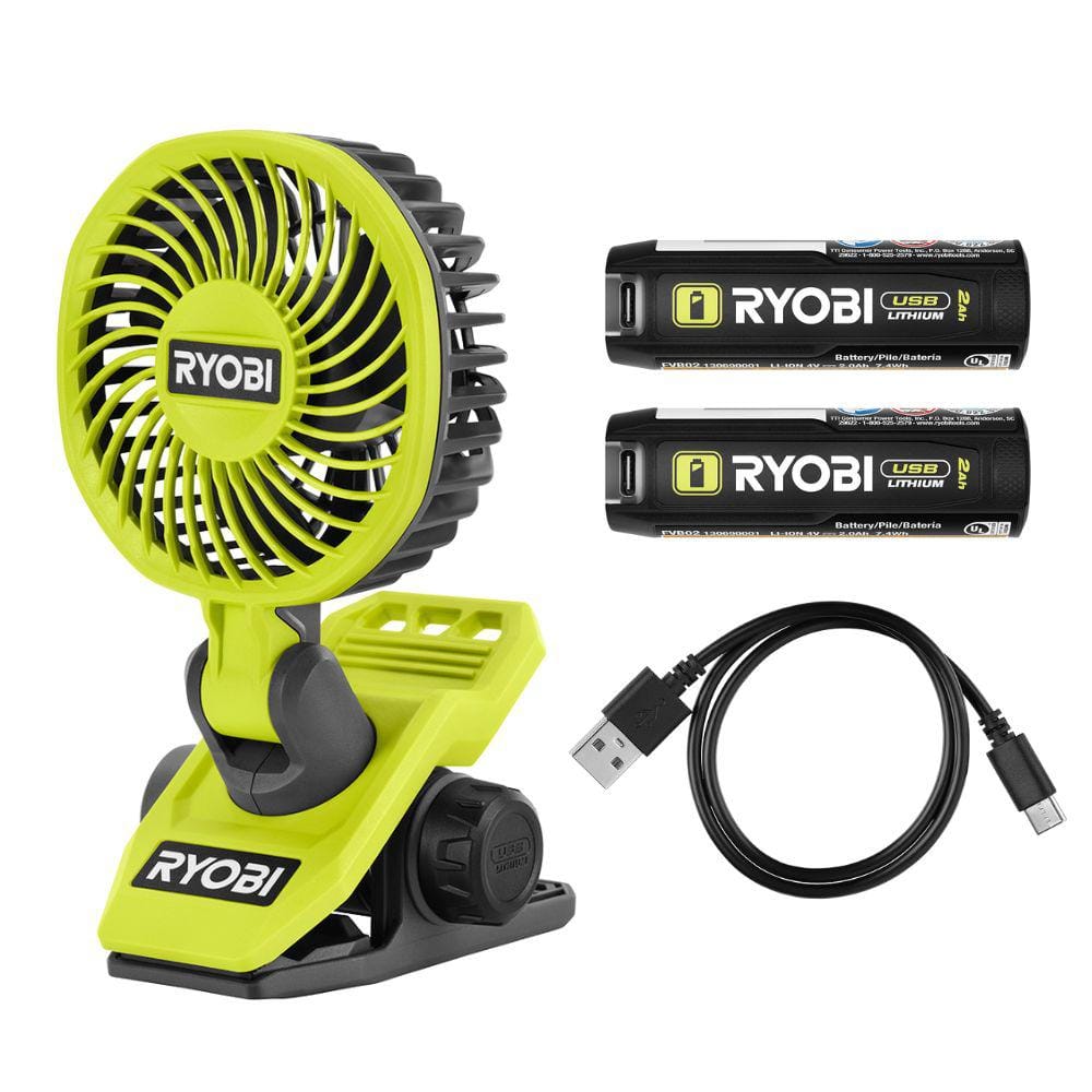 RYOBI USB Lithium Clamp Fan Kit with USB Lithium 2.0 Ah Lithium ...