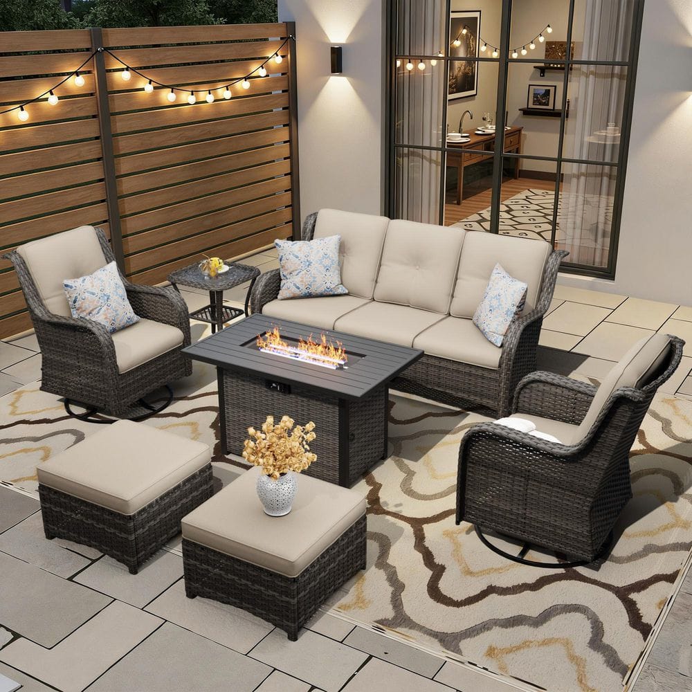 JOYSIDE 7-Piece Fire Pit Patio Set Wicker Outdoor Patio Conversation ...
