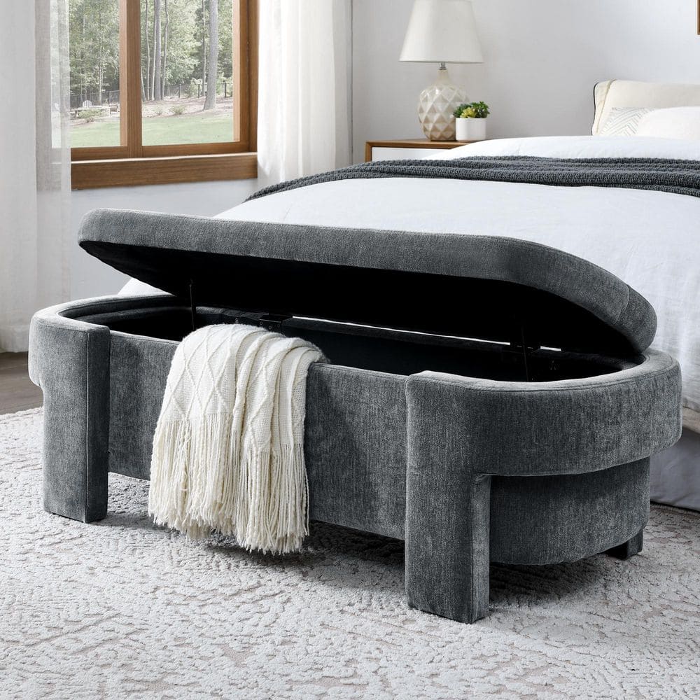 Seafuloy 51.5 in. Grey Chenille Upholstered Storage Bedroom Bench with ...