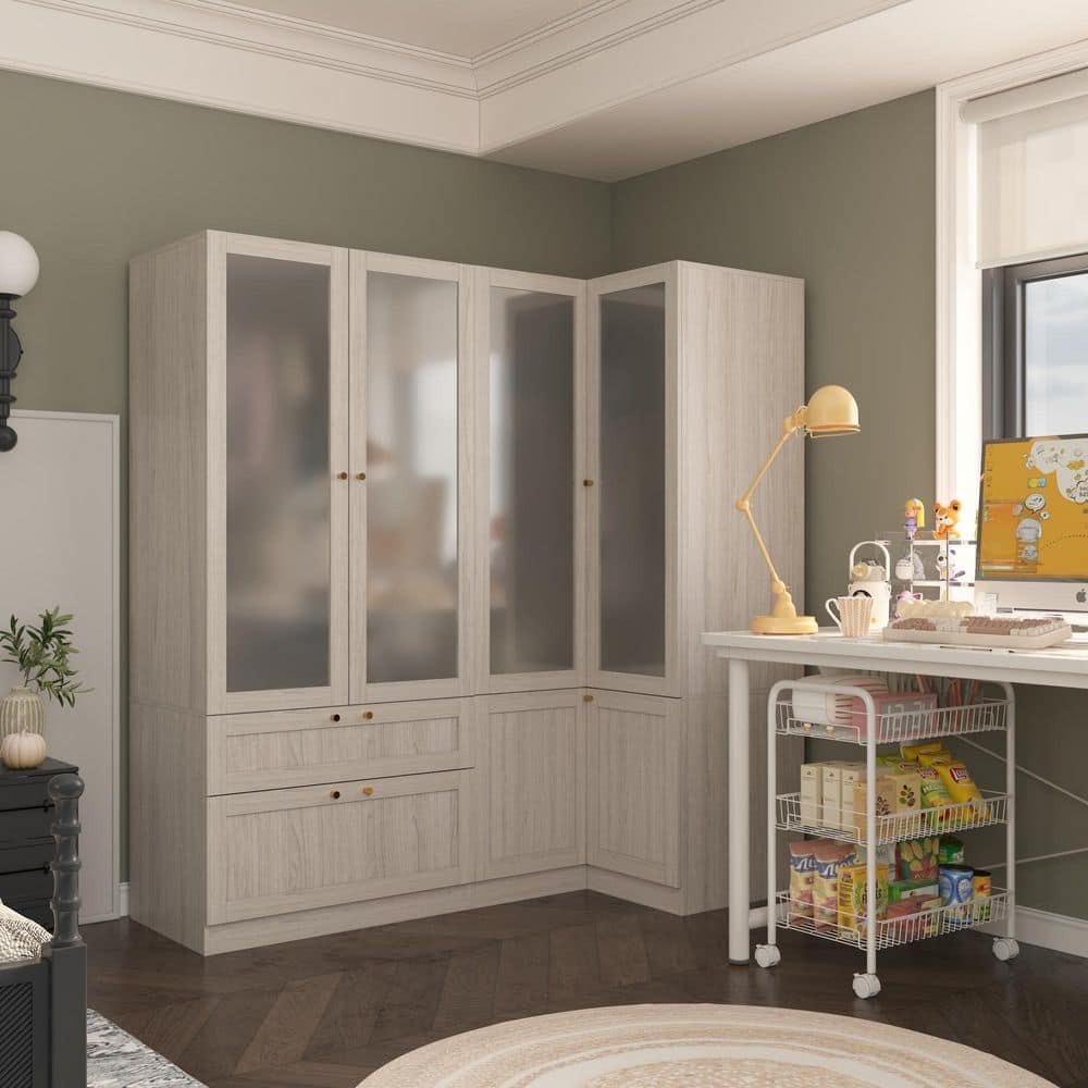 FUFU&GAGA Light Oak Wood 67 in. Bedroom Armoire with Frosted Glass Doors and Hanging Rods Z ...