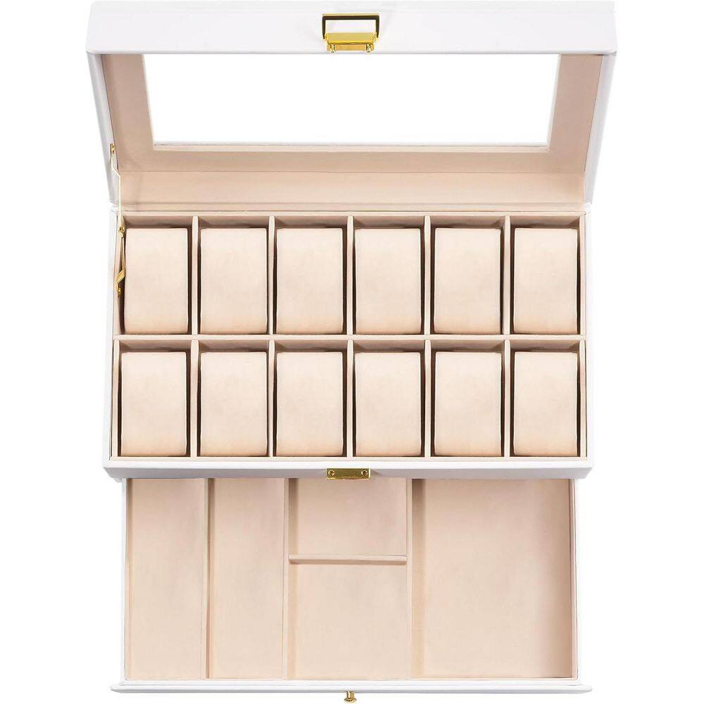 White 12-Slot Faux Leather 2-Layer Watch Box with Glass Lid and Drawer ...