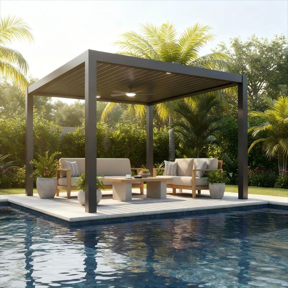 Mondawe 13 ft. x 12 ft. Dark Gray Aluminum Outdoor Solar-Powered ...