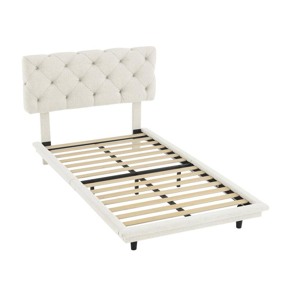 Harper & Bright Designs Beige Wood Frame Twin Size Linen Upholstered ...