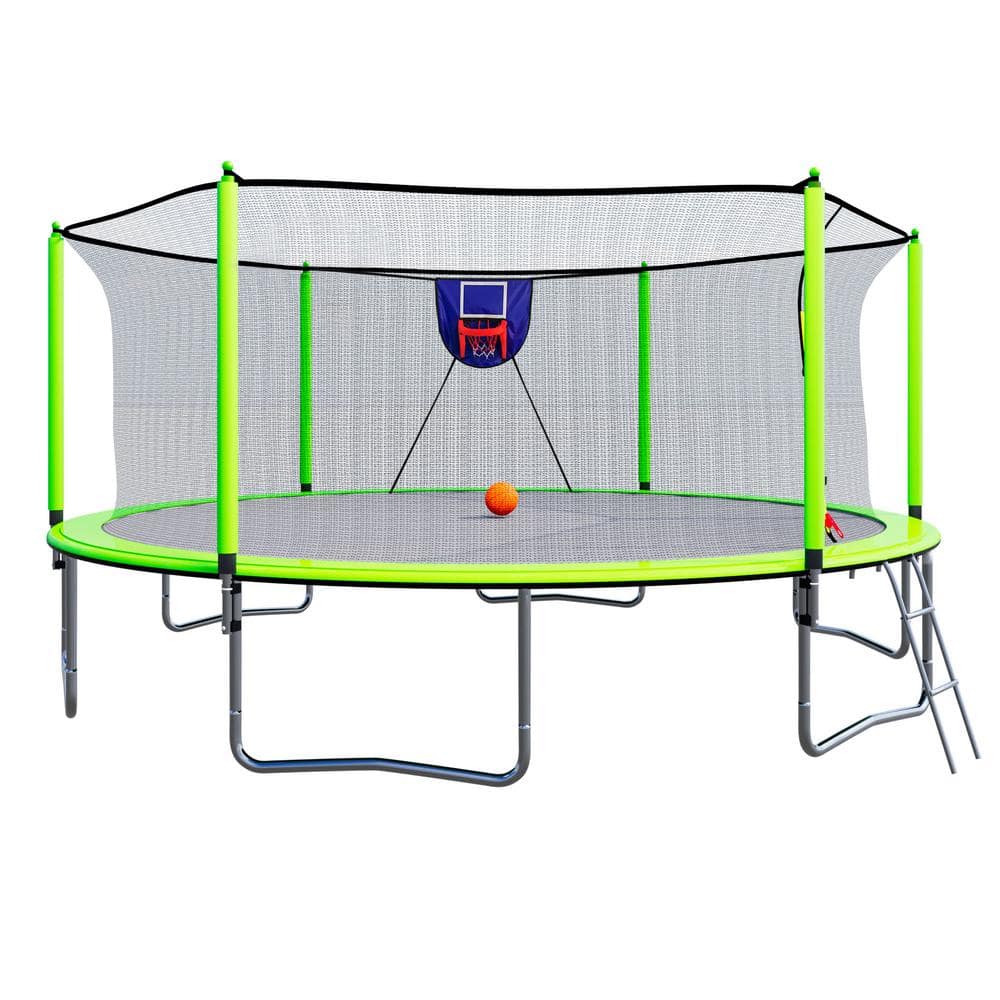 Tenleaf 15 ft. Outdoor Round Green Trampoline with Basketball Hoop ...