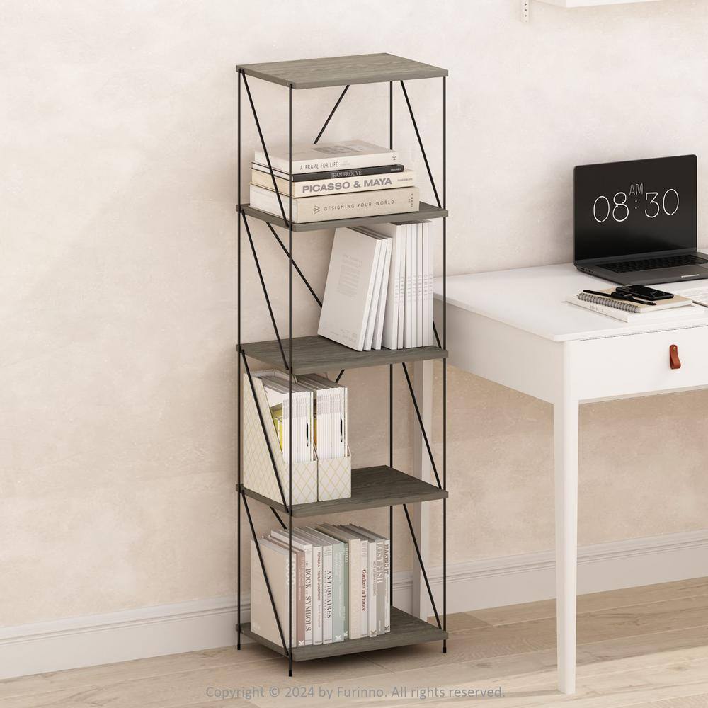 Furinno Wire 53.74 in. Tall Finn Oak Wood 5-Shelf Metal Frame Bookcase ...