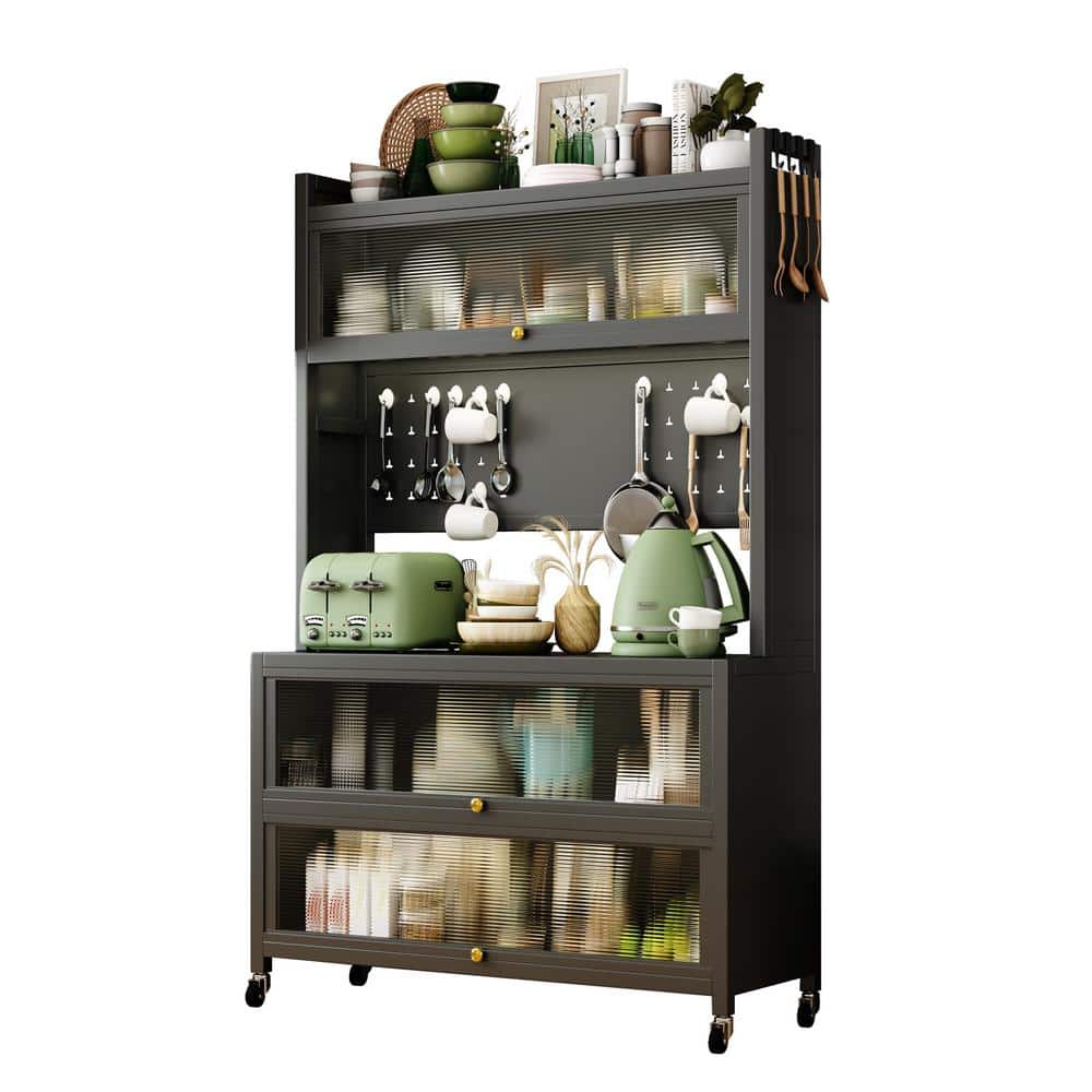 FUNKOL 4-Tier Black Metal Kitchen Shelf with Hooks and Alloy Universal ...