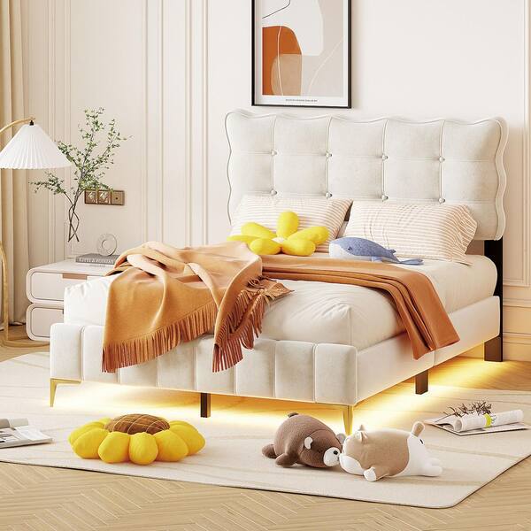 Harper And Bright Designs Beige Wood Frame Full Size Velvet Platform Bed