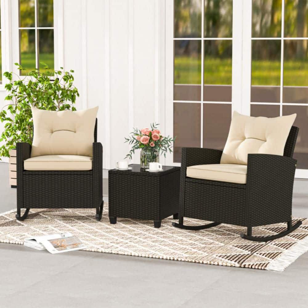 Kadehome 3-Piece Patio Rattan Wicker Outdoor Rocking Chair with Beige ...