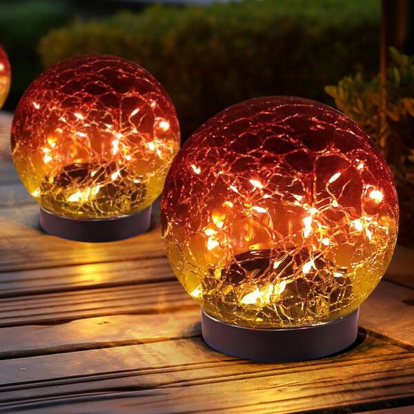 Solar Outdoor Waterproof Gradient red Cracked Glass Ball Lights, 2 Pack