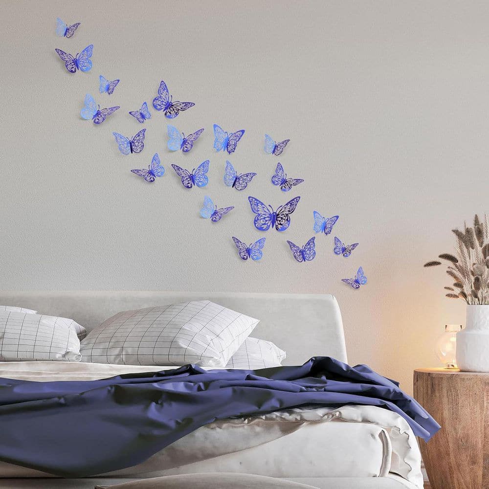 72-Piece 4.5 in. x 4.5 in. Blue 3D Removable Butterfly Wall Decal ...