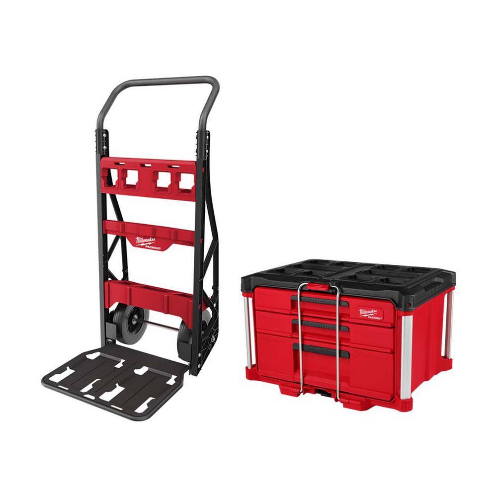 Milwaukee PACKOUT 20 in. 2-Wheel Utility Cart with PACKOUT 3-Drawer ...
