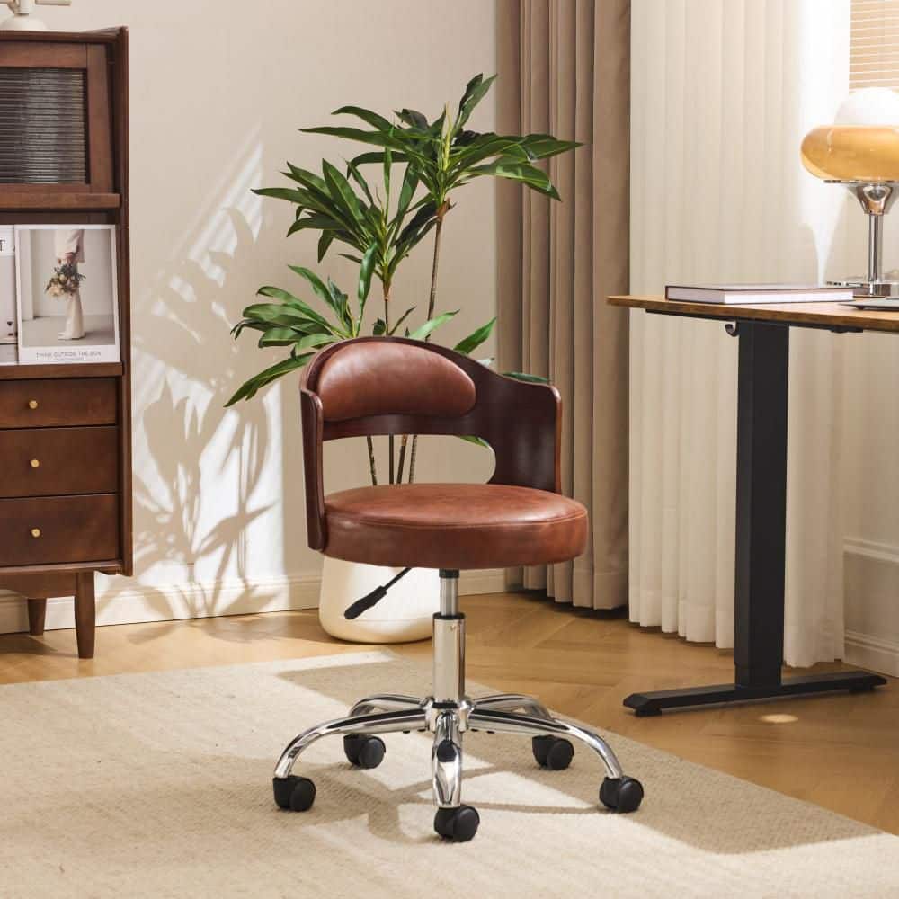 Karl home Waxy Leather Fabric Curved Wood Backrest Task Chair in Brown ...