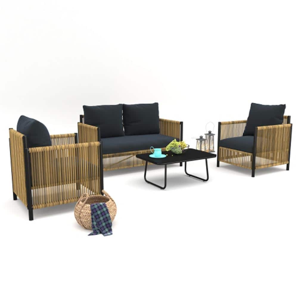 Boosicavelly 4-Piece Wicker Patio Conversation Set with Black Cushions ...