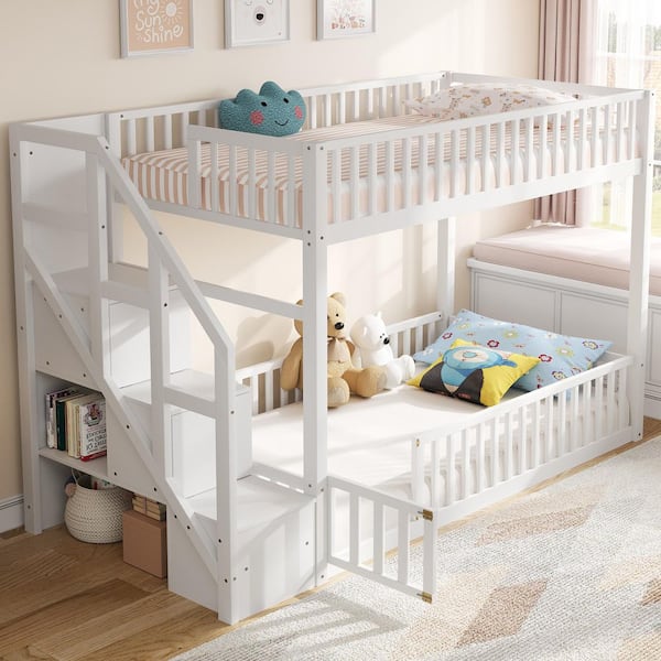 Harper & Bright Designs White Twin Over Twin Wood Floor Bunk Bed with ...