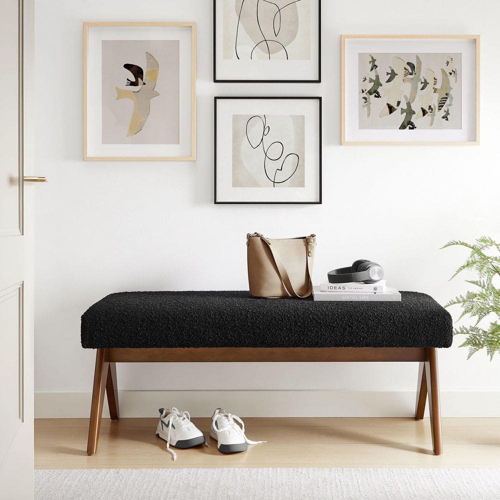 MODWAY Lyra 47 in. Black Boucle Upholstered Bedroom Bench EEI-7113-BLK ...