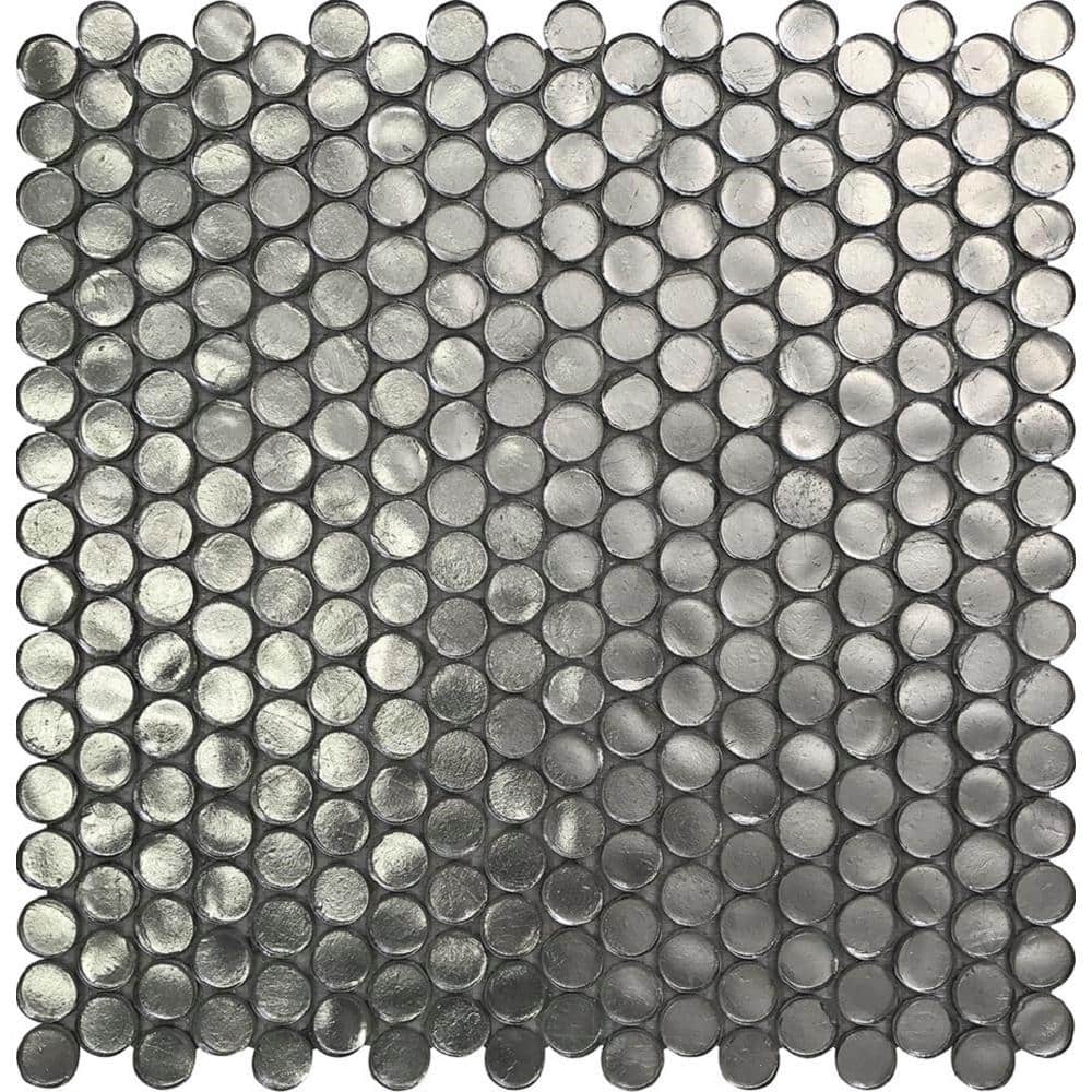 Apollo Tile Silver 4 in x 5 Polished Penny Round Glass Mosaic Floor and ...