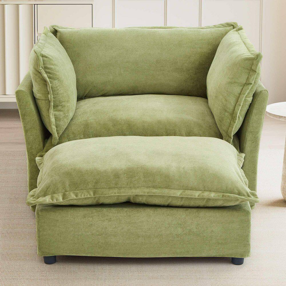 Polibi Green Chenille Arm Chair with Movable Ottoman, Wide Seat, Curved ...
