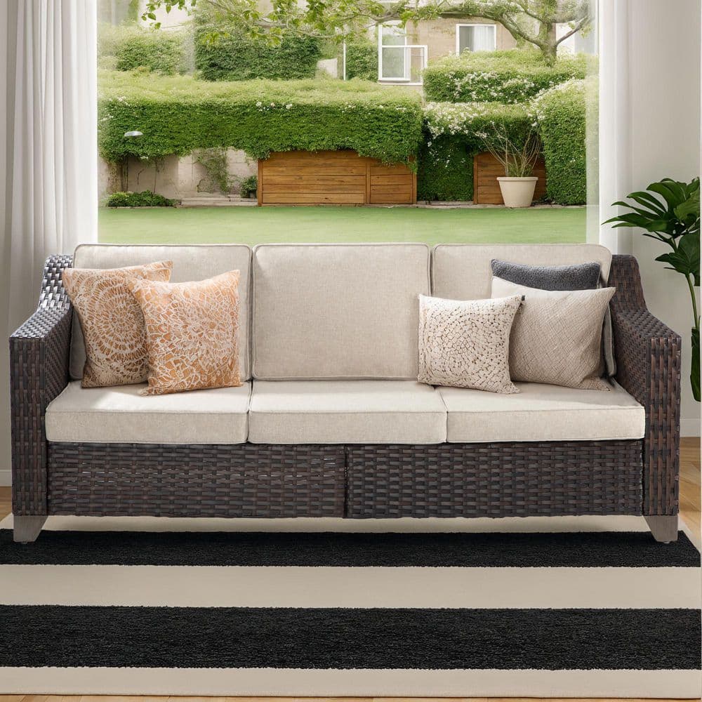 Gardenbee 3-Seat Wicker Outdoor Couch with Beige Cushions MA01C-BGE-2 ...