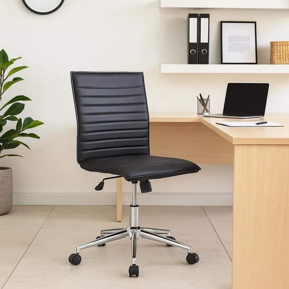 Benjara Haily Vinyl Rolling Task Chair in Black and Chrome without Arms ...