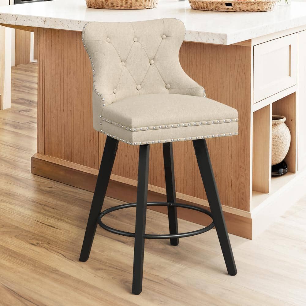 OrangeOne Apollo 27 in. Counter Stool Beige Fabric Upholstered Button ...