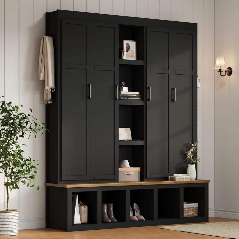 Harper & Bright Designs Black 4-in-1 Hall Tree with Entryway Bench ...