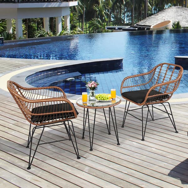 Costway 3 Piece Wicker Patio Rattan Bistro Set Coffee Table Armchair Garden Black Cushion KYD70837DK