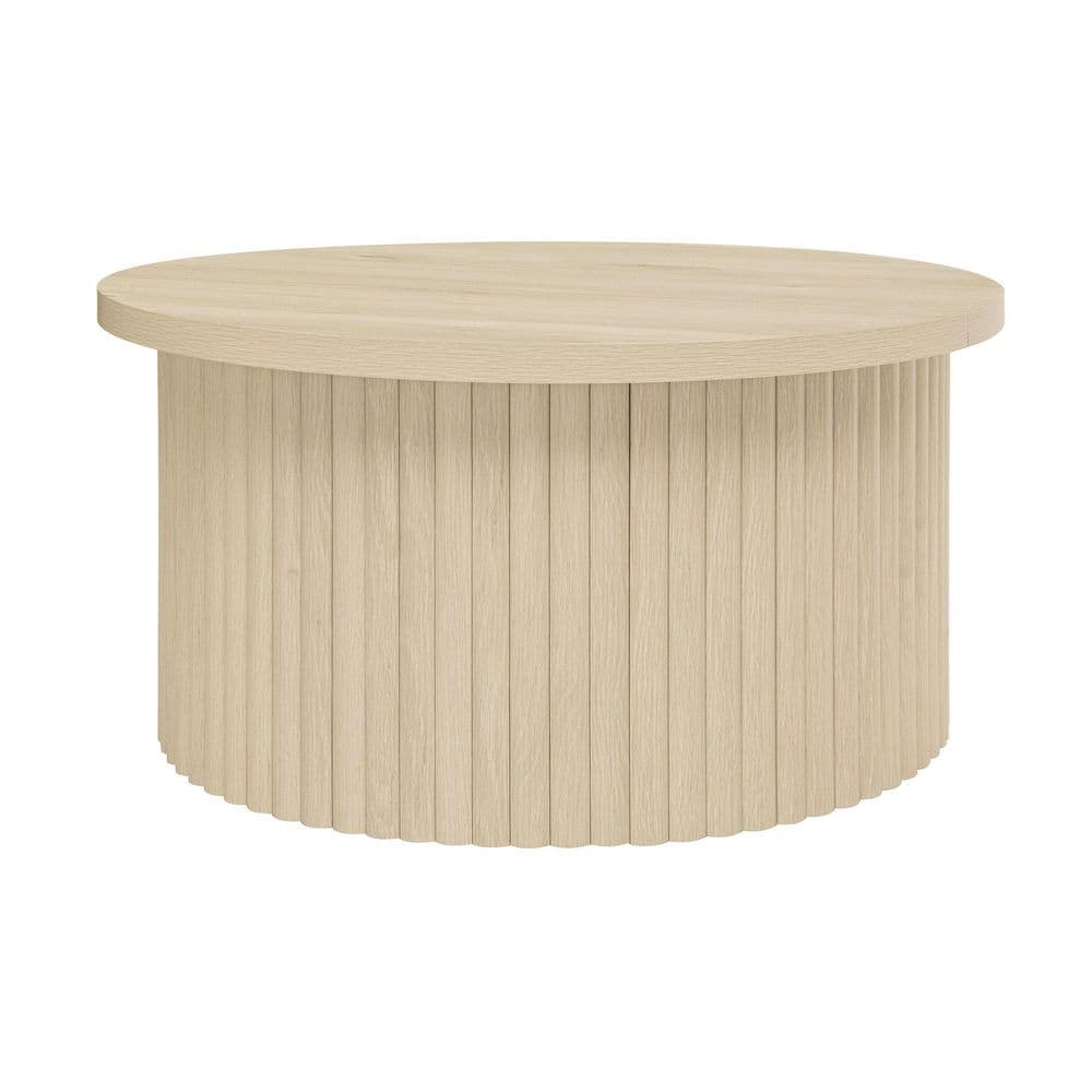 Modern Round Coffee Table with Flip Lid and Vertical Wood Grain-Accent ...