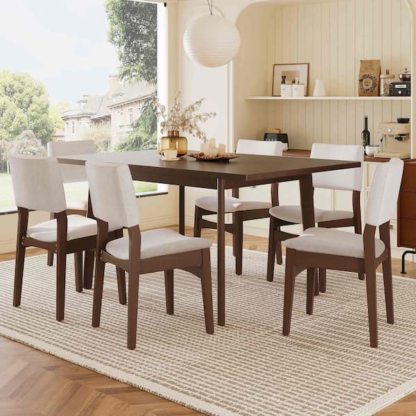 Polibi 7-Piece Rectangle Dark Walnut Wood Top Dining Room Set Seats 6 ...